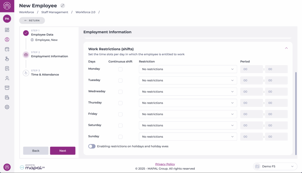 Establecer periodos de restriccion de trabajo para un empleado - Base ...